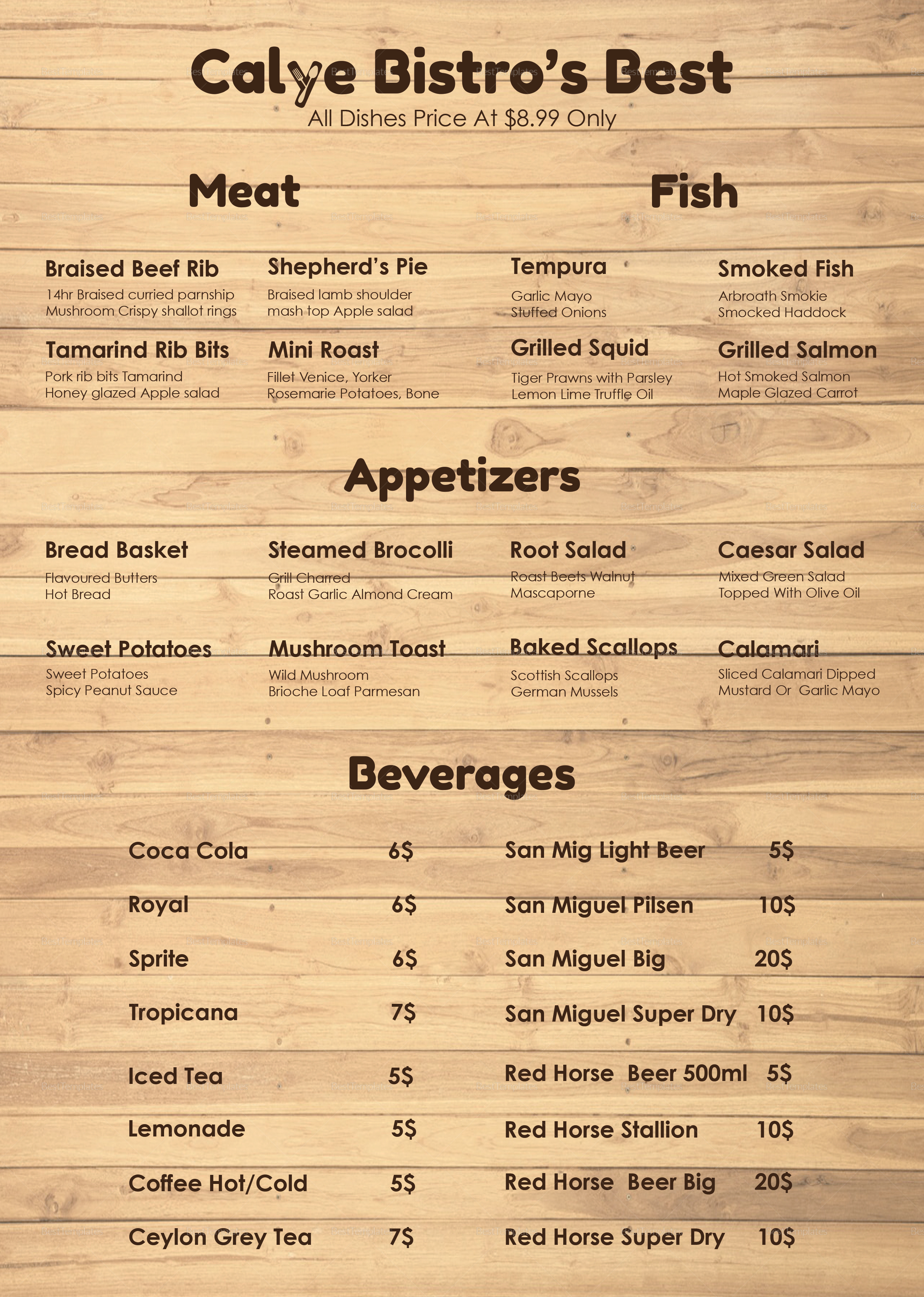 Wooden Style Menu Design Template in PSD, Word, Publisher, Illustrator ...
