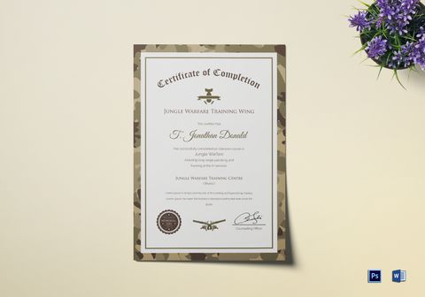 Army Camo Training Completion Certificate Design Template in PSD, Word