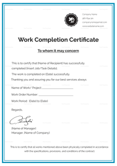 Work Completion Certificate Design Template in PSD, Word