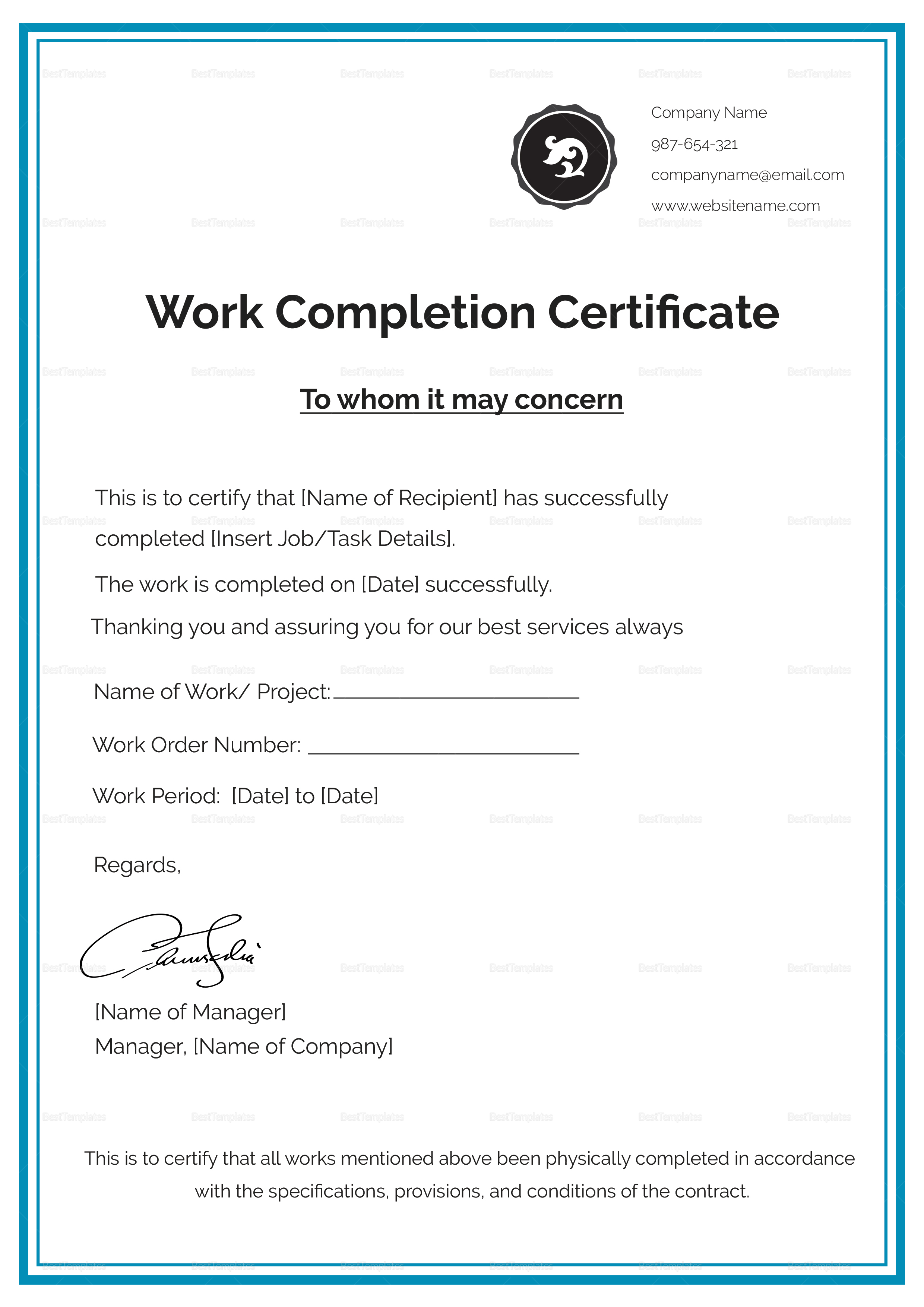 Work Completion Certificate Design Template In PSD Word