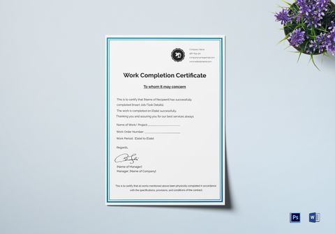 Work Completion Certificate Design Template in PSD, Word