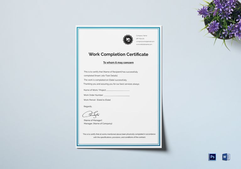Work Completion Certificate Design Template in PSD, Word