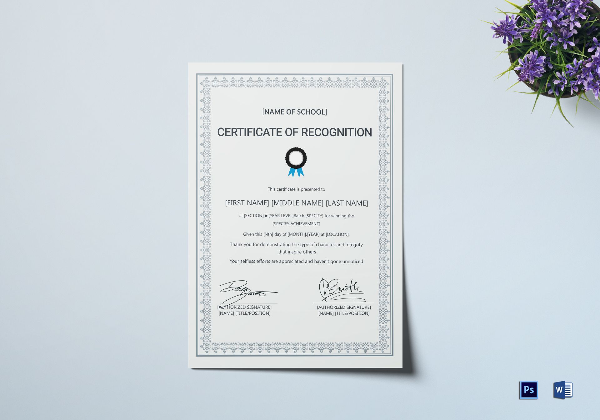 School Certificate of Recognition Design Template in PSD, Word