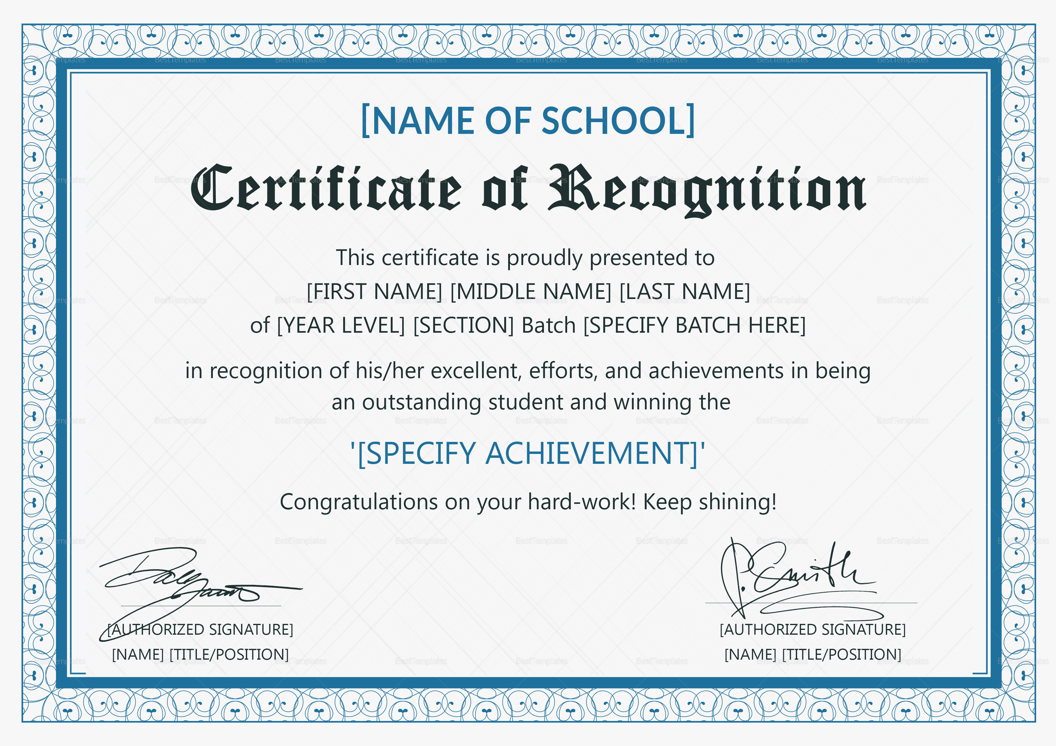 Outstanding Student Recognition Certificate Design Template In PSD Word