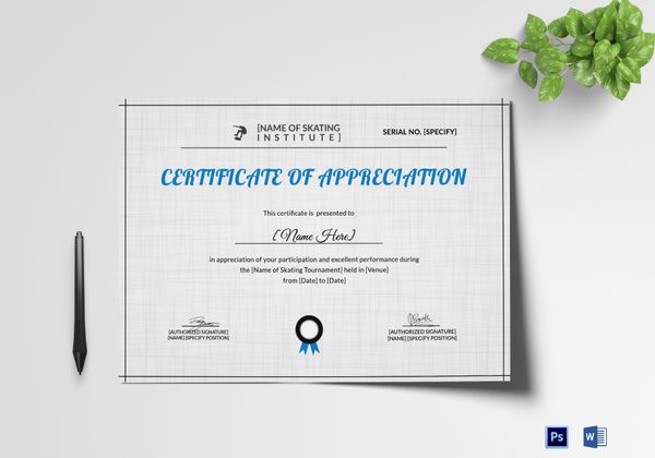 Appreciation Certificate of Skating Design Template in PSD, Word
