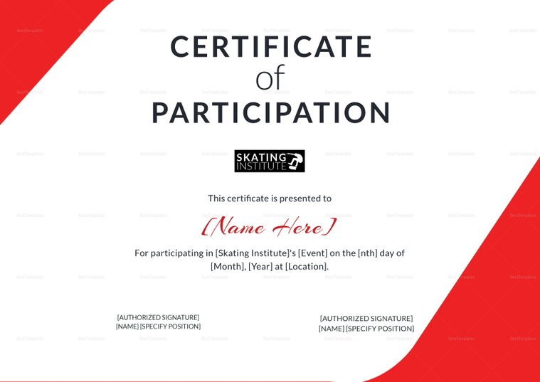 Certificate of Participation for Skating Design Template in PSD, Word