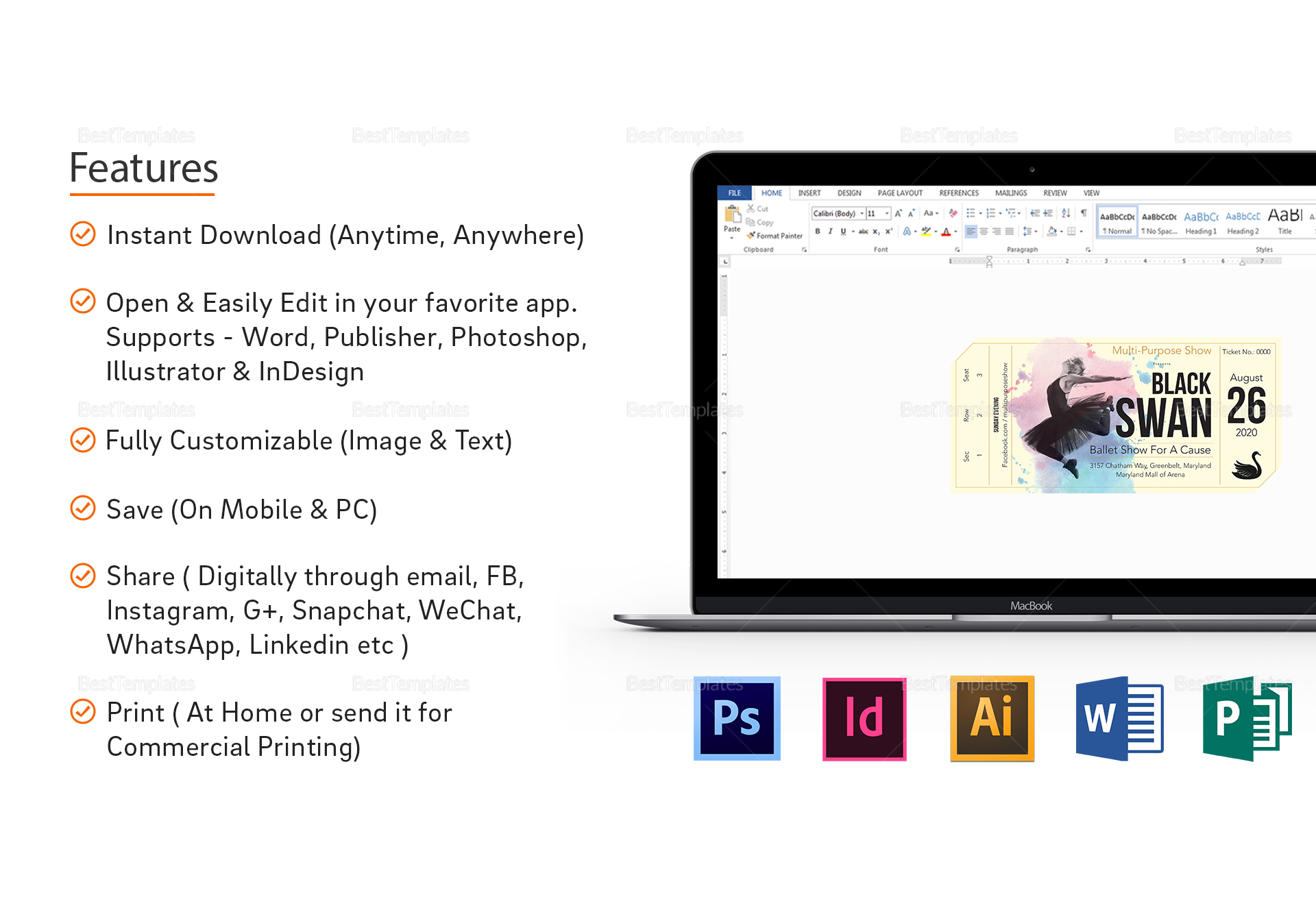Multi-Purpose Show Ticket Design Template in PSD, Word, Publisher ...
