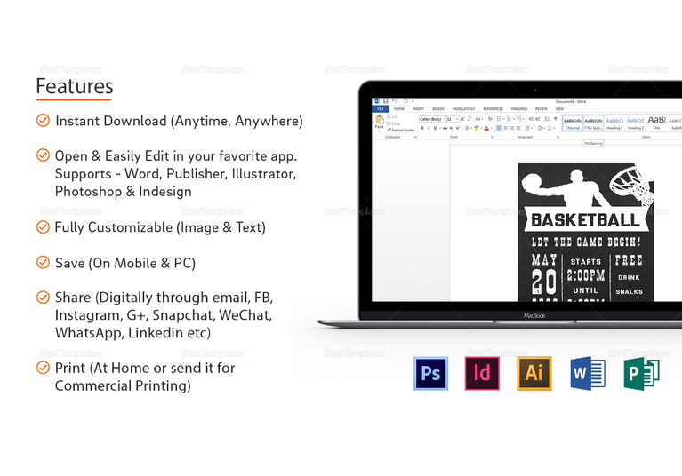 Chalkboard Style Basketball Flyer Design Template in PSD, Word ...