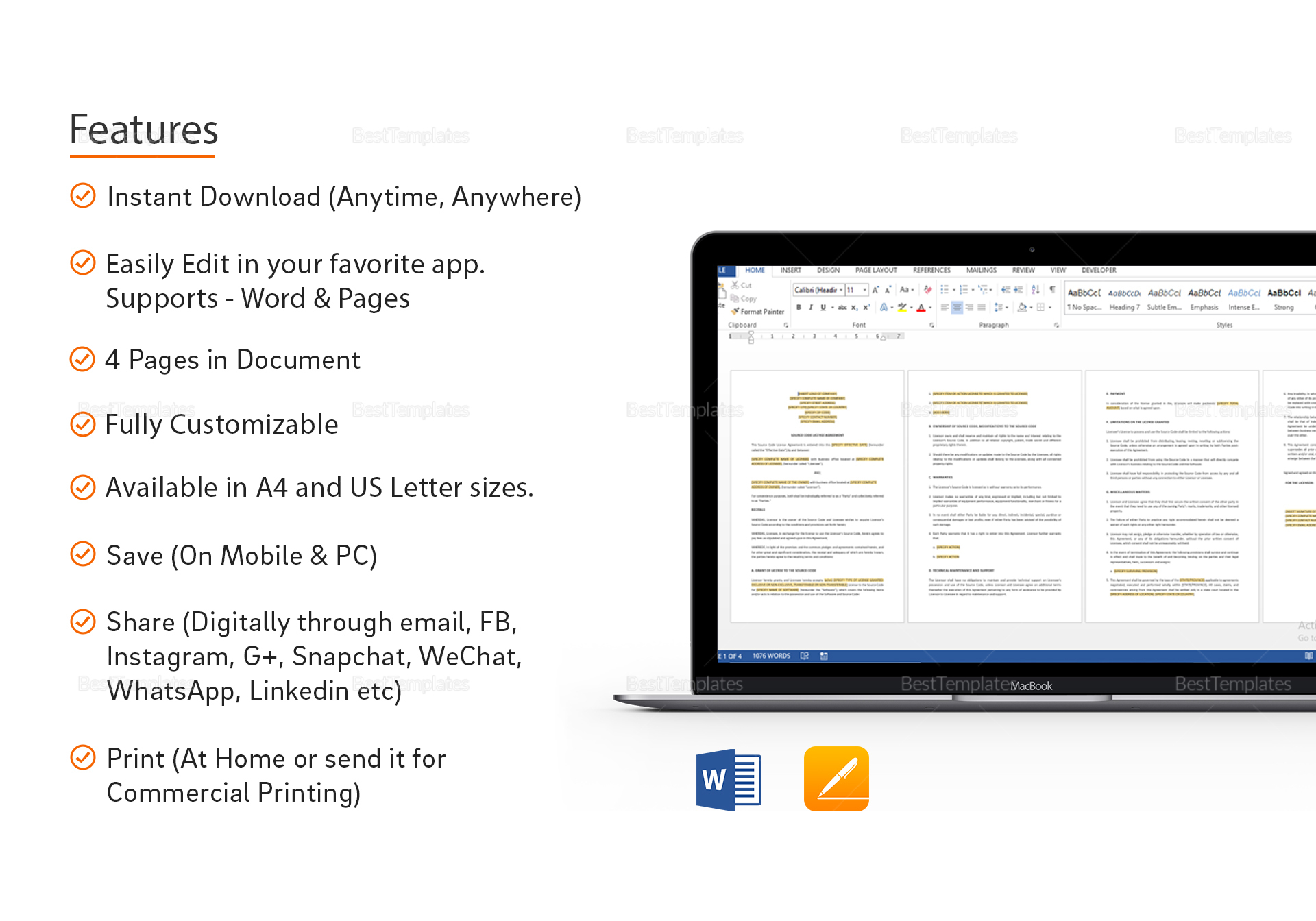 Source Code License Agreement Template In Word Apple Pages