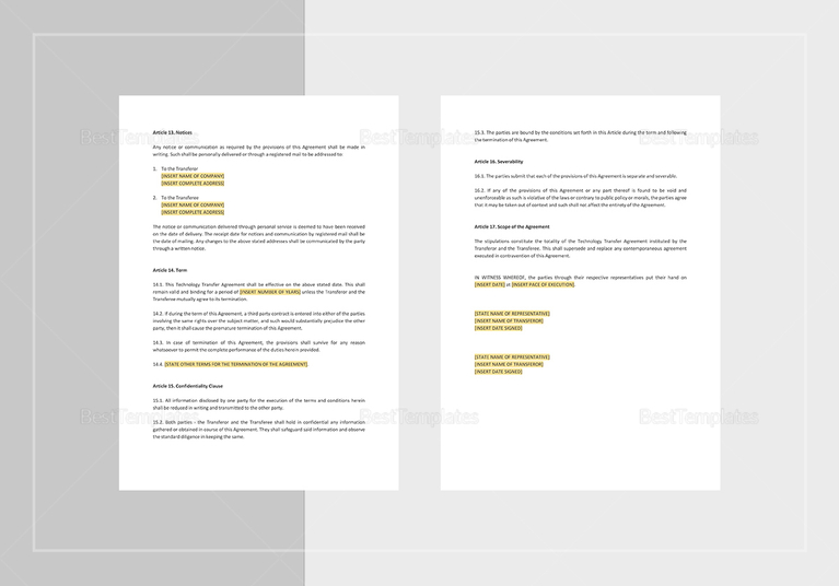 Technology Transfer Agreement Template in Word, Apple Pages