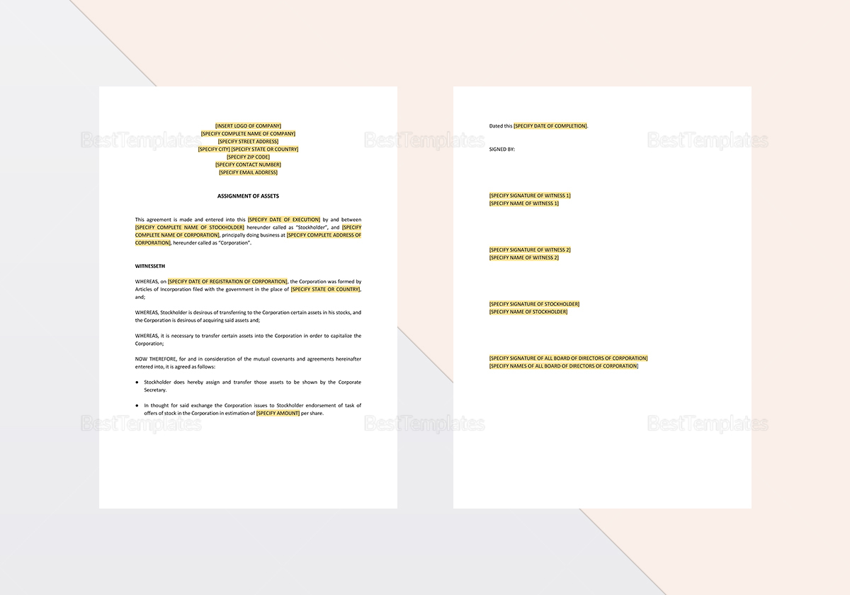Assignment of Assets Template in Word, Apple Pages