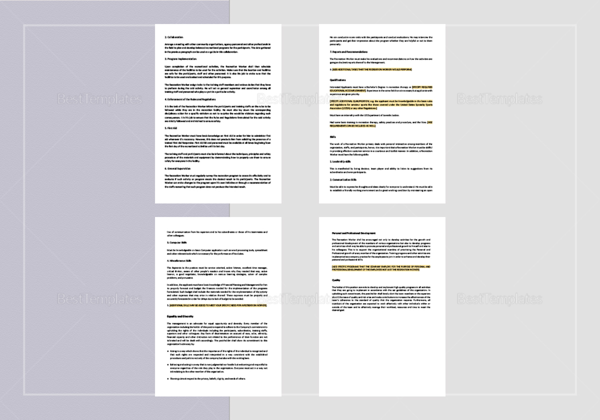 Recreation Worker Job Description Template in Word, Apple Pages