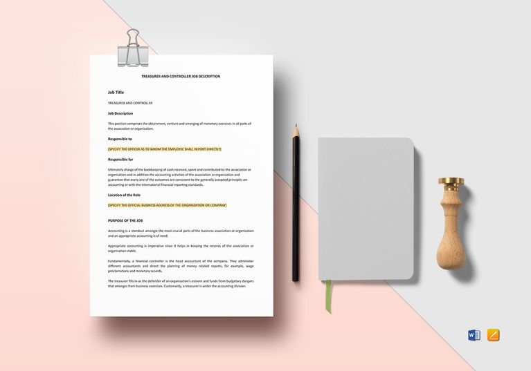 Treasurer and Controller Job Description Template in Word, Apple Pages