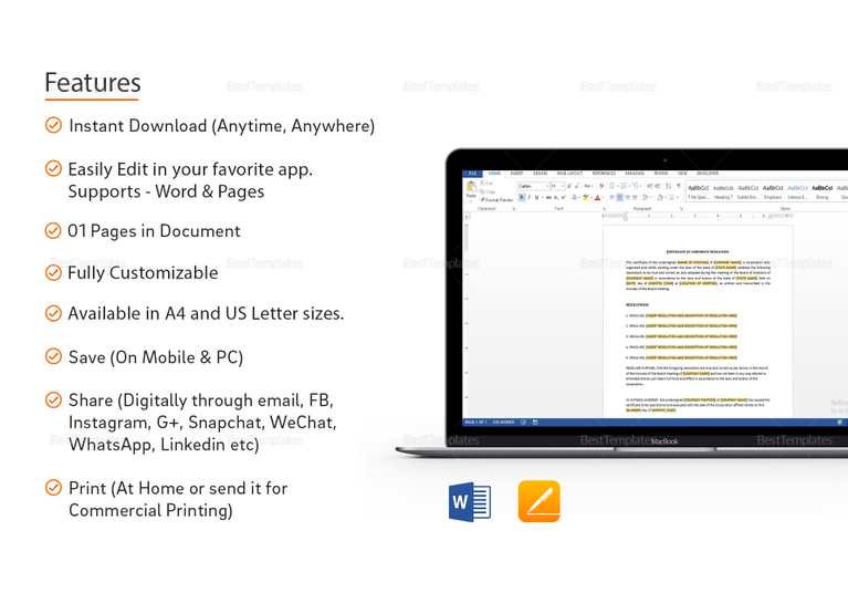 Certificate of Corporate Resolution Template in Word, Apple Pages