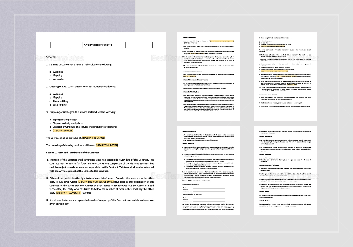 Cleaning Company Services Contract Template in Microsoft Word, Apple Pages