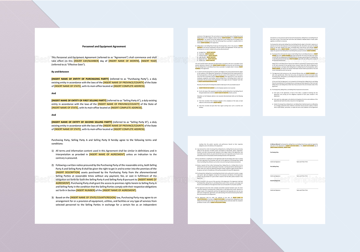 Personnel and Equipment Agreement Template in Word, Apple Pages