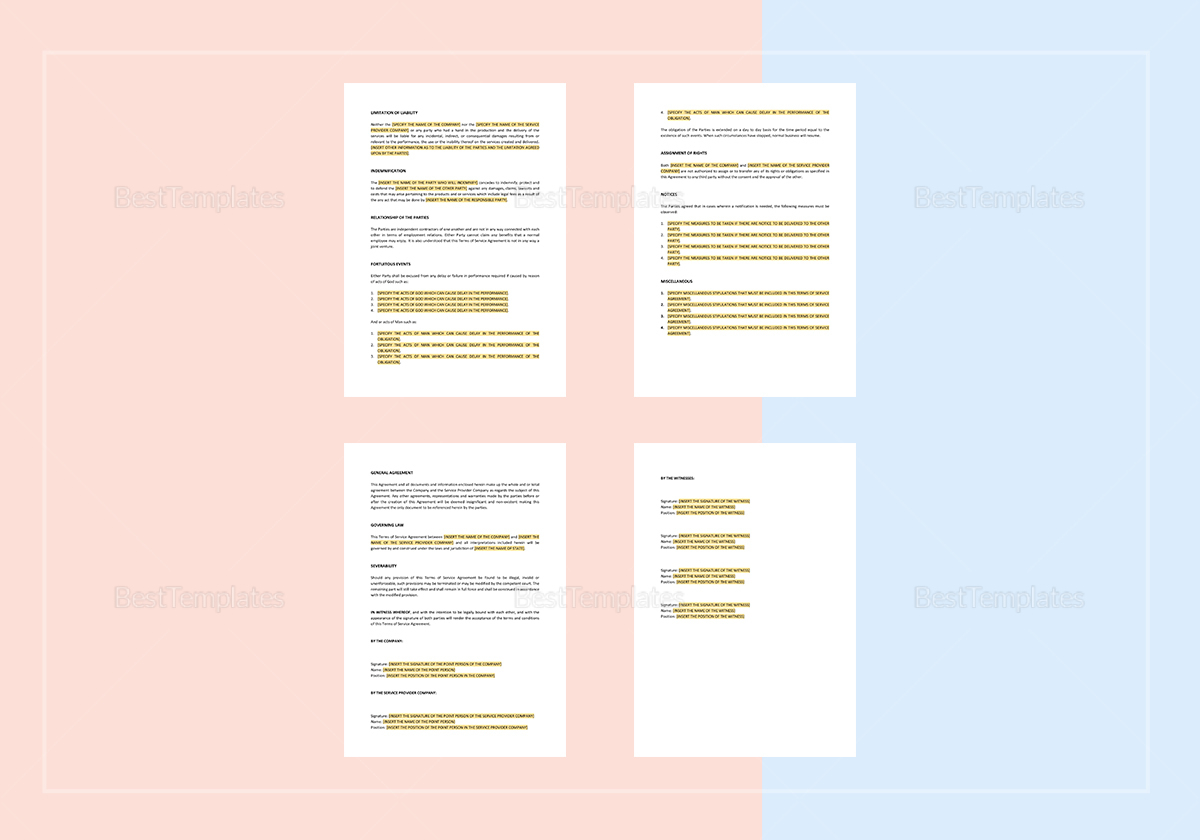 Terms of Service Agreement Template in Word, Apple Pages