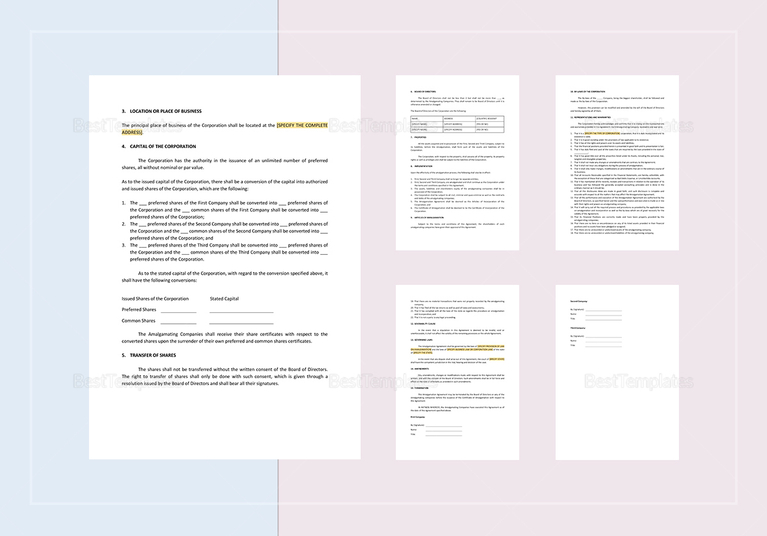 Amalgamation Agreement Template in Word, Apple Pages