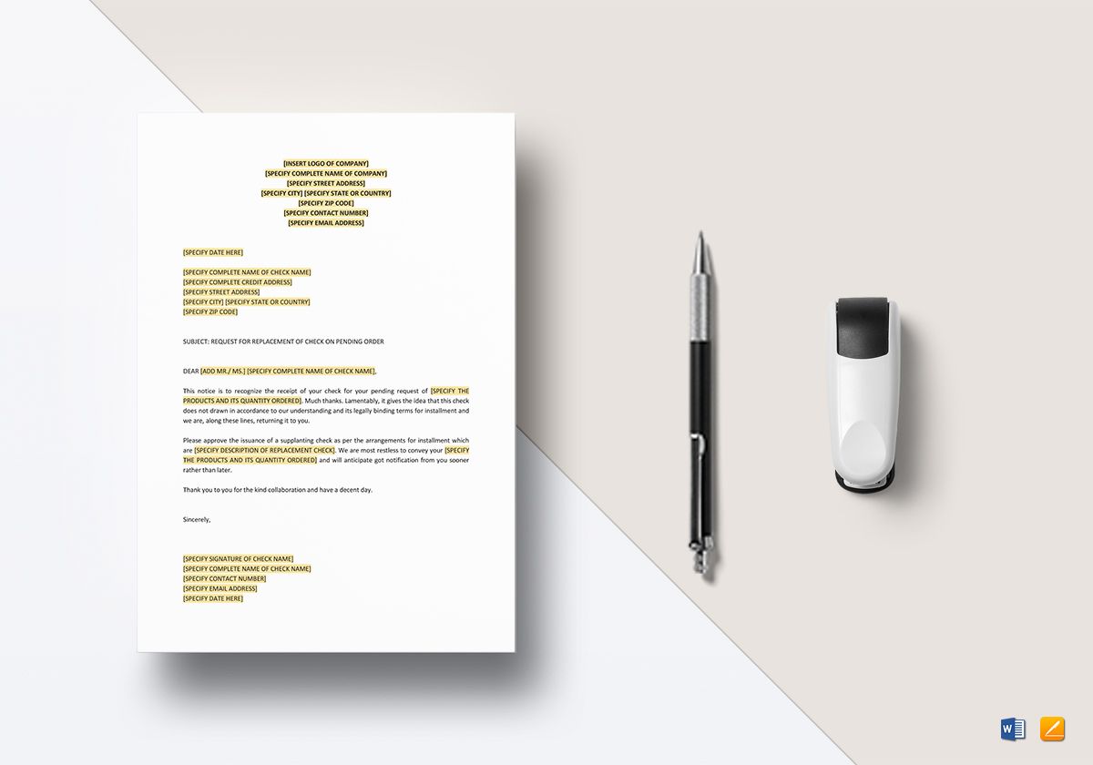 Request for Replacement of Check on Pending Order Template in Word ...
