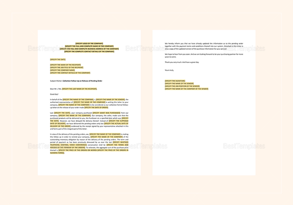 Collection Follow-Up on Release of Pending Order Template in Word ...
