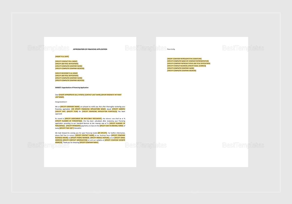 Approbation of Financing Application Template in Word, Apple Pages