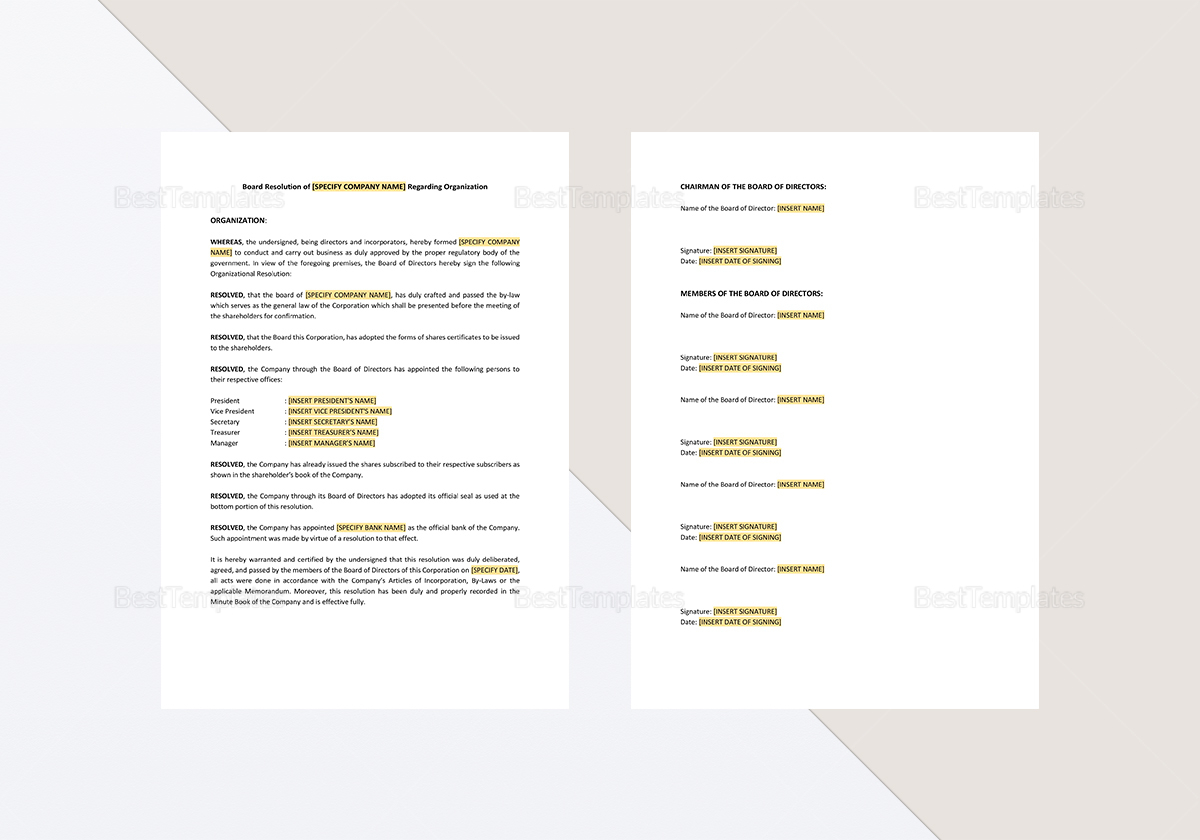 Board Resolution Regarding Organization Template in Word, Apple Pages