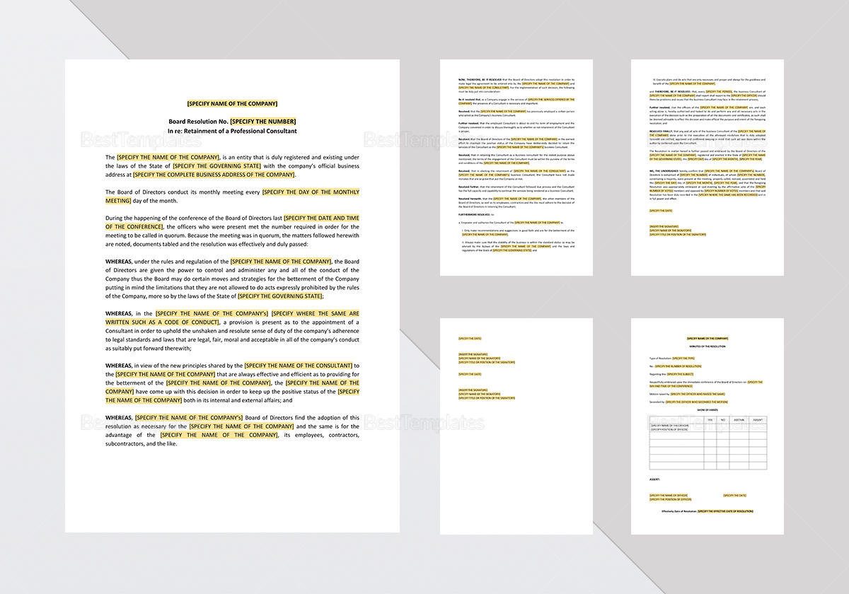 Board Resolution to Retain a Professional Consultant Template in Word ...