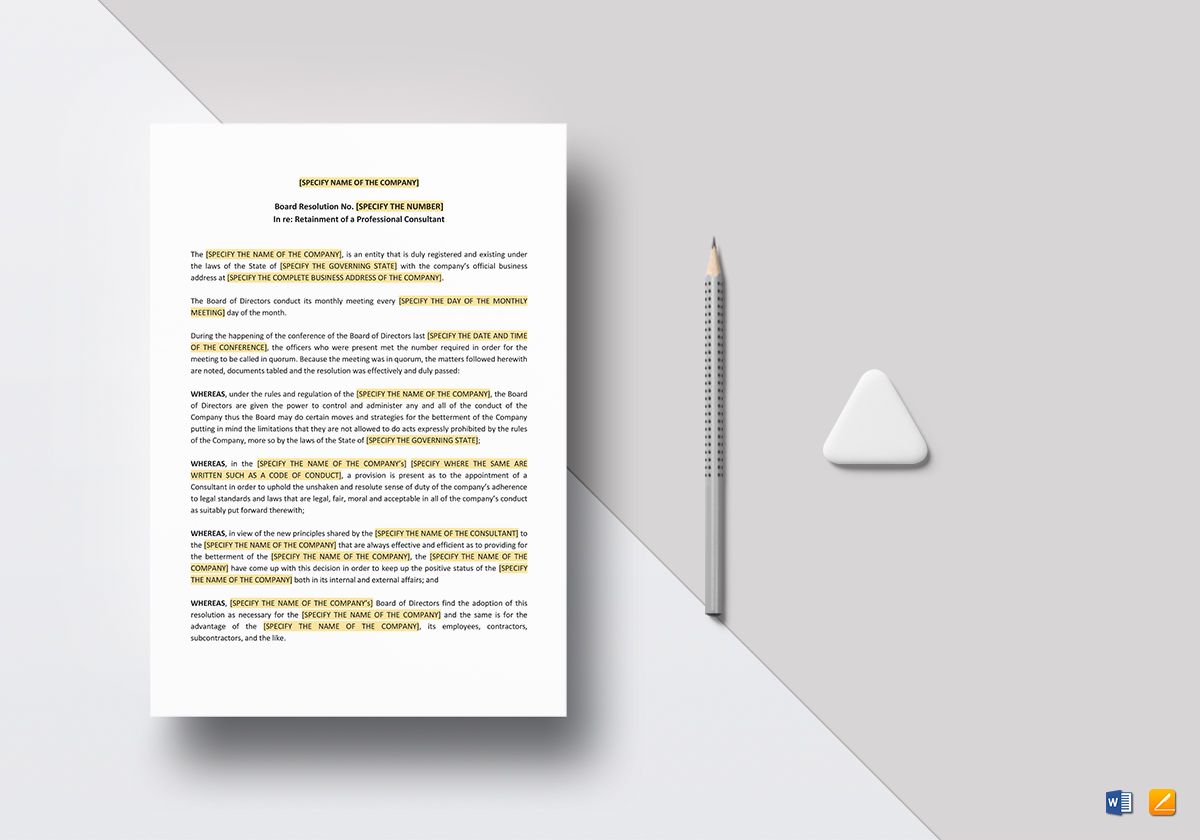 Board Resolution to Retain a Professional Consultant Template in Word ...