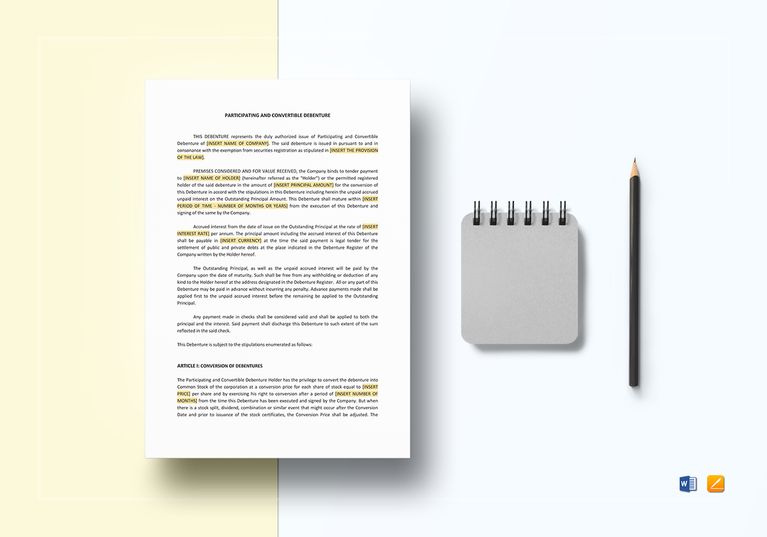 Participating and Convertible Debenture Template in Word, Apple Pages