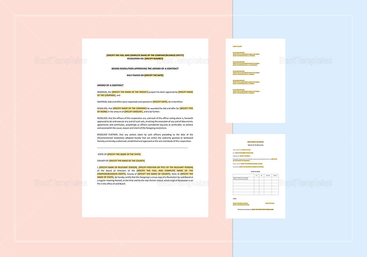 Board Resolution Approving the Award of a Contract Template in Word ...