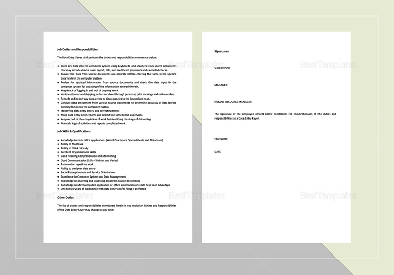 Data Entry Keyer Job Description Template in Word, Apple Pages