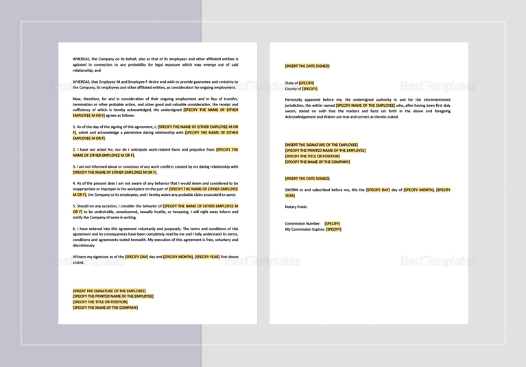 Acknowledgement and Waiver About Employee Dating Template in Word ...