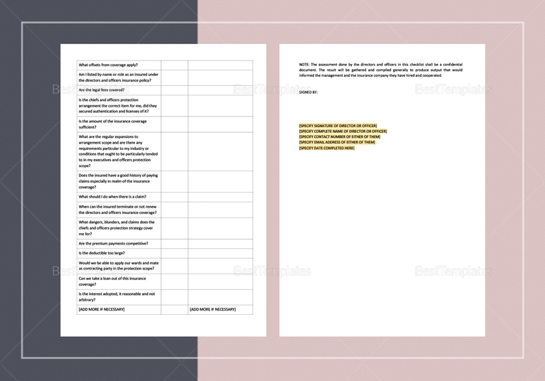 Directors and Officers Insurance Checklist Template in Word, Apple Pages