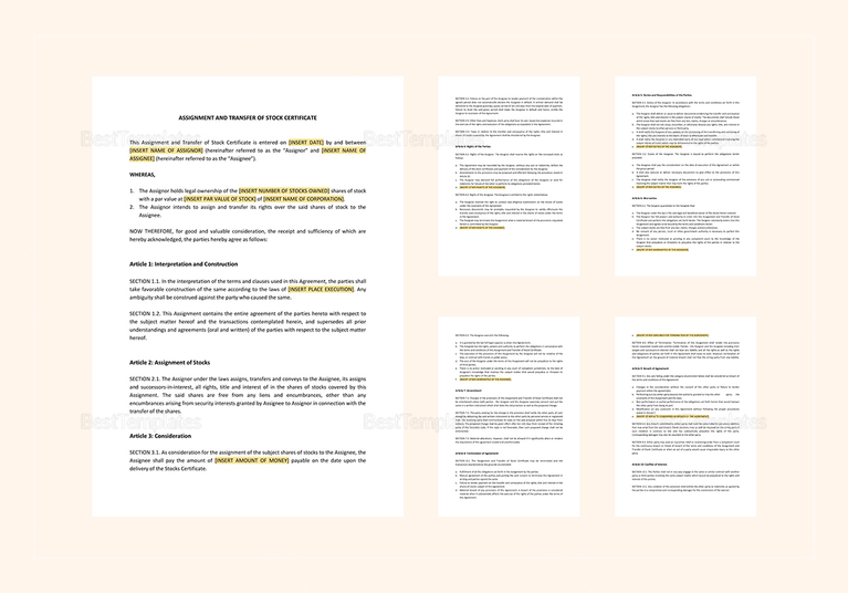 Assignment and Transfer of Stock Certificate Template in Word, Apple Pages