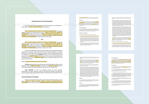Purchase and Sale of Shares Agreement Template in Word, Apple Pages