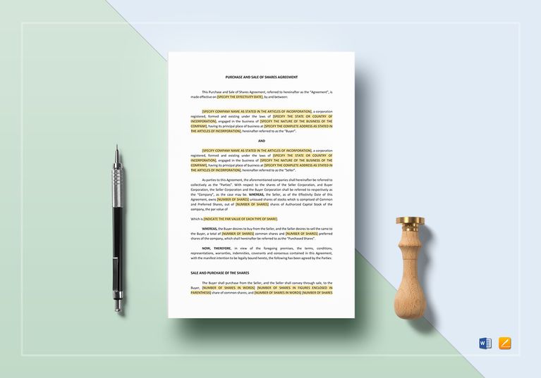 Purchase and Sale of Shares Agreement Template in Word, Apple Pages
