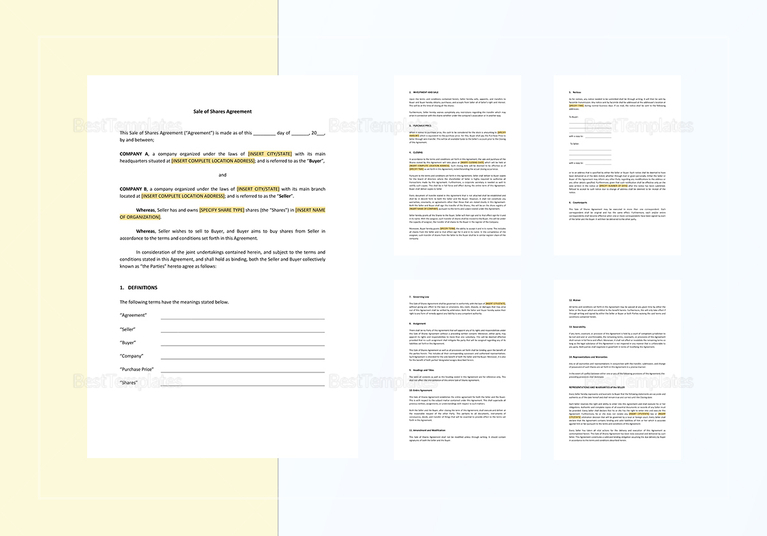 Sale of Shares Agreement Template in Word, Apple Pages