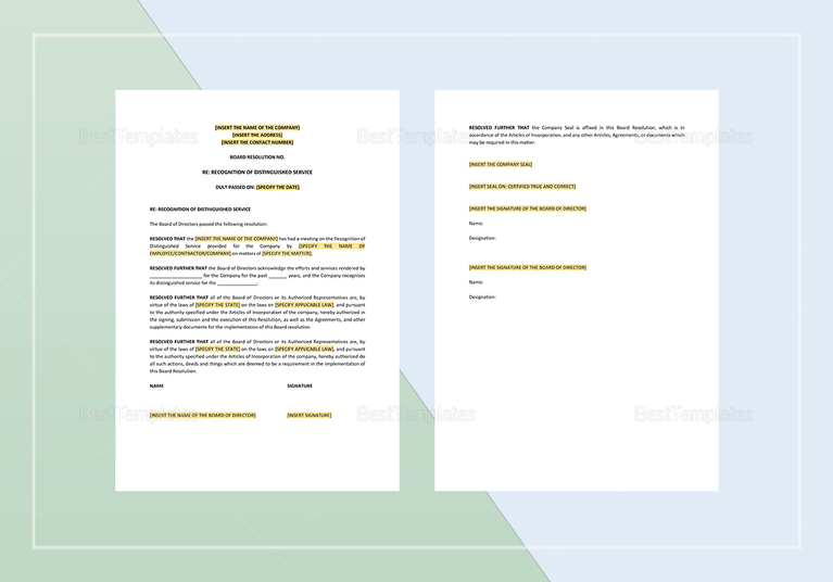 Board Resolution in Recognition of Distinguished Service Template in ...