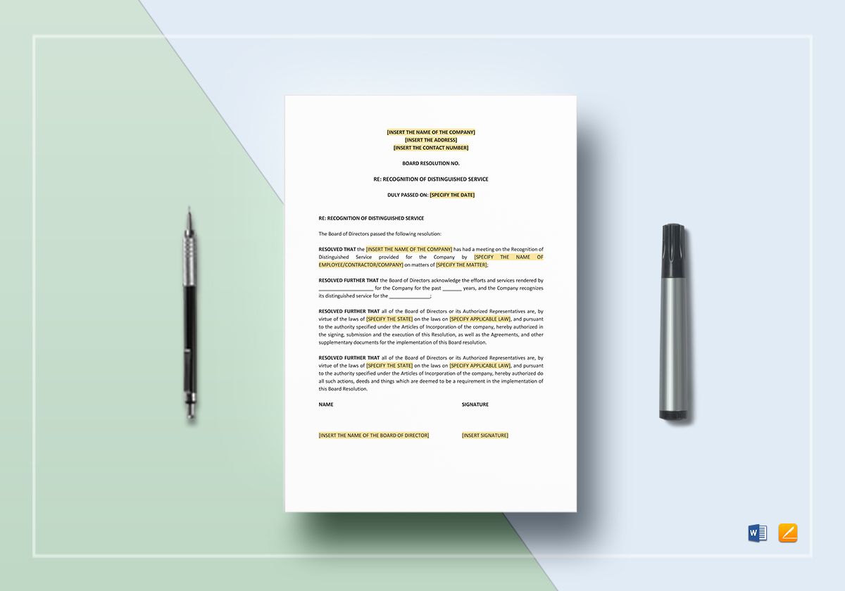 Board Resolution in Recognition of Distinguished Service Template in ...