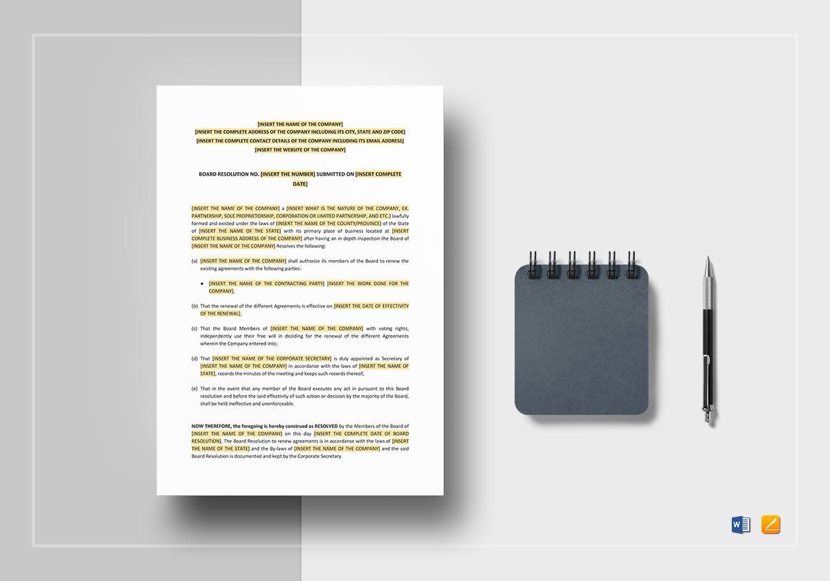 Board Resolution Authorizing Agreements Renewal Template in Word, Apple ...