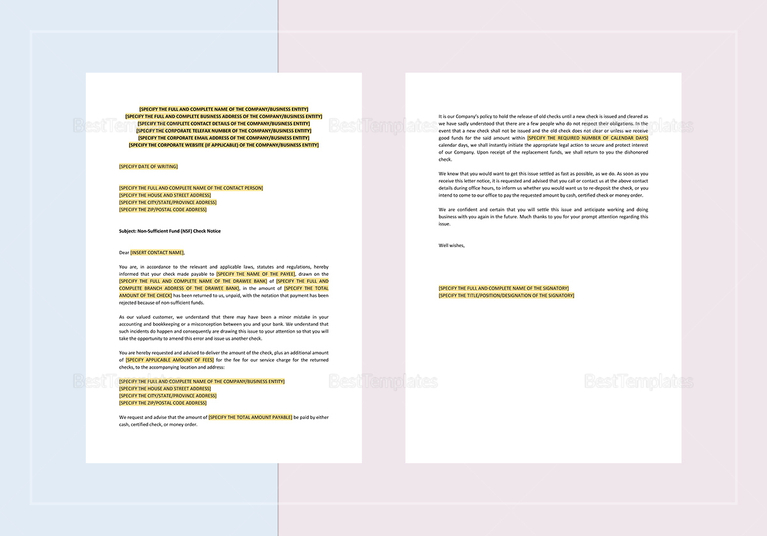 Notice of Check NSF Template in Word, Apple Pages