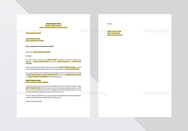 Demand for Payment on Guarantees Template in Word, Apple Pages