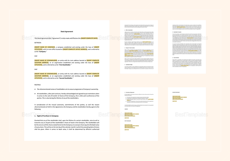 Stock Agreement Template in Word, Apple Pages