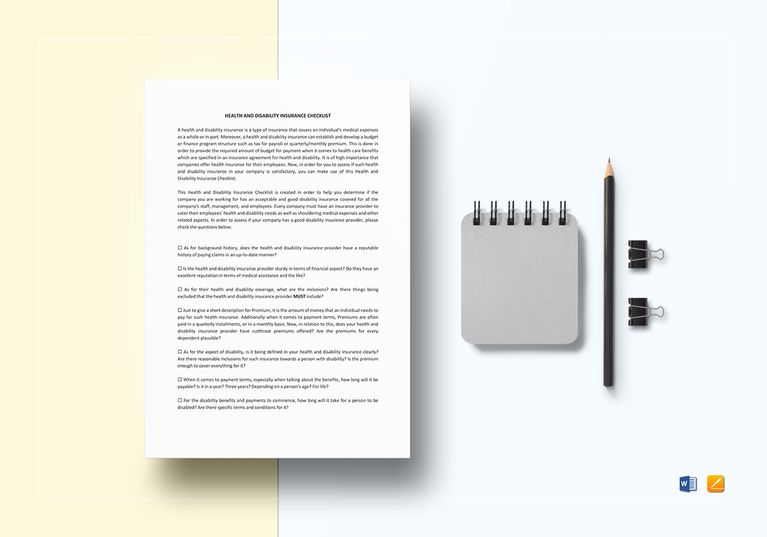 Health and Disability Insurance Checklist Template in Word, Apple Pages