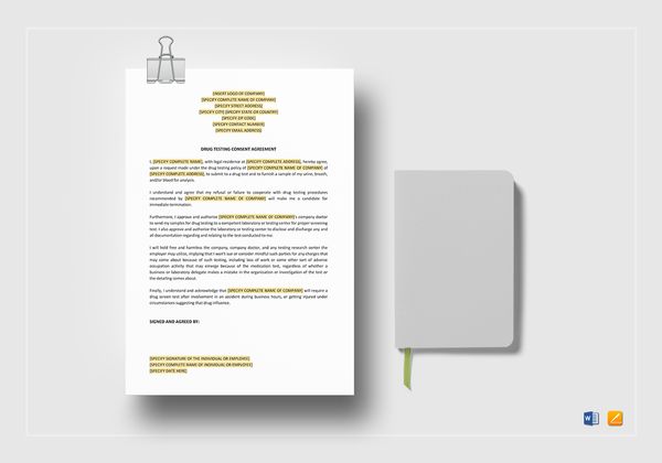 Drug Testing Consent Agreement Template in Word, Apple Pages
