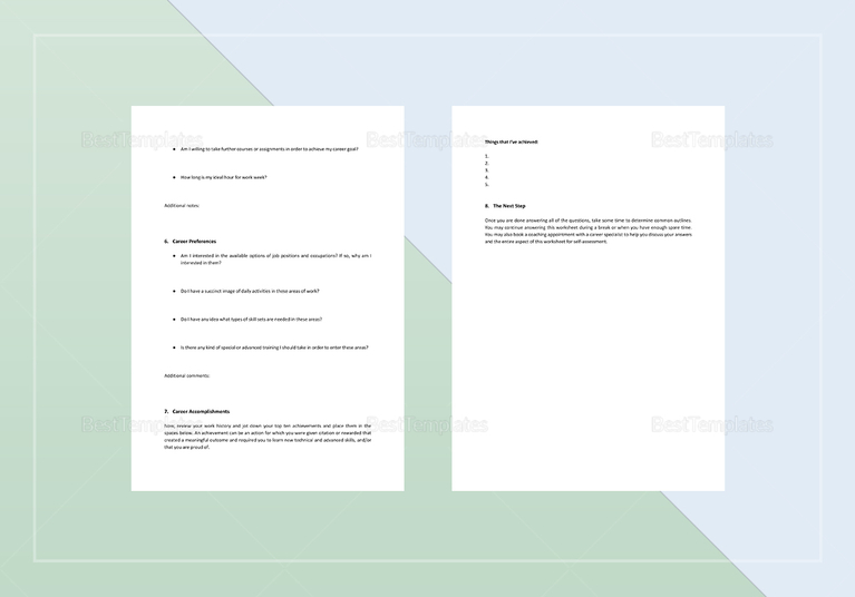 Worksheet Self-Assessment Template in Word, Apple Pages