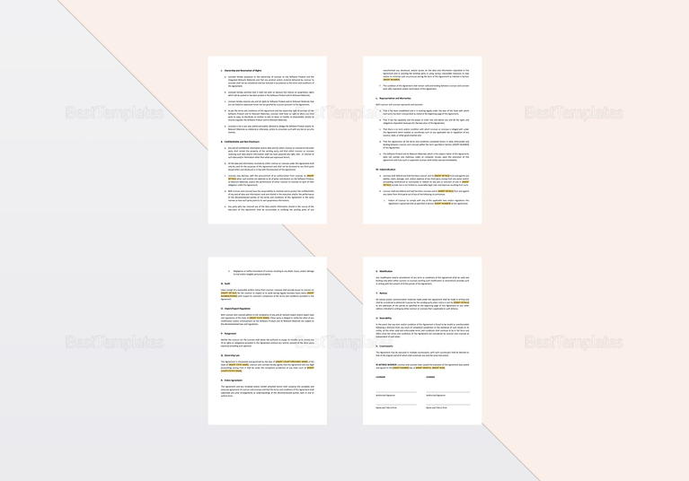 Licensor Oriented Software License Agreement Template in Word, Apple Pages
