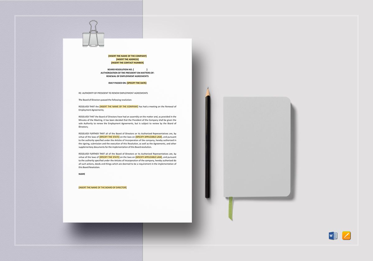 Board Resolution Authorizing the President to Renew Employment ...