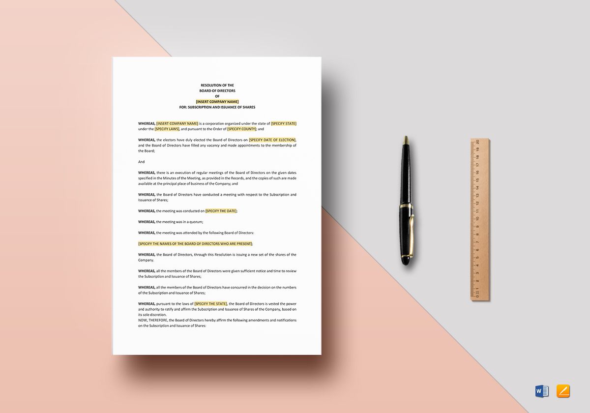 Resolution for the Subscription and Issuance of Shares Template in Word ...