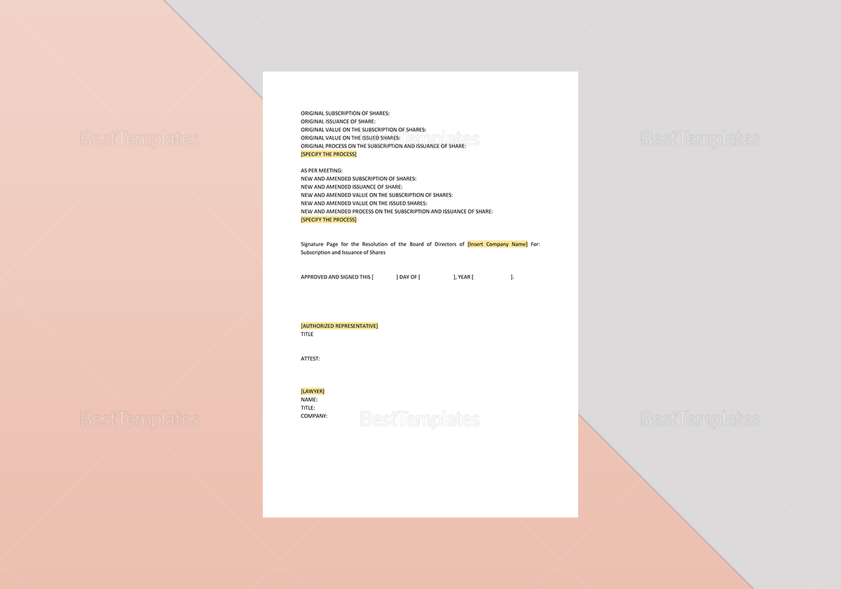 Resolution for the Subscription and Issuance of Shares Template in Word ...